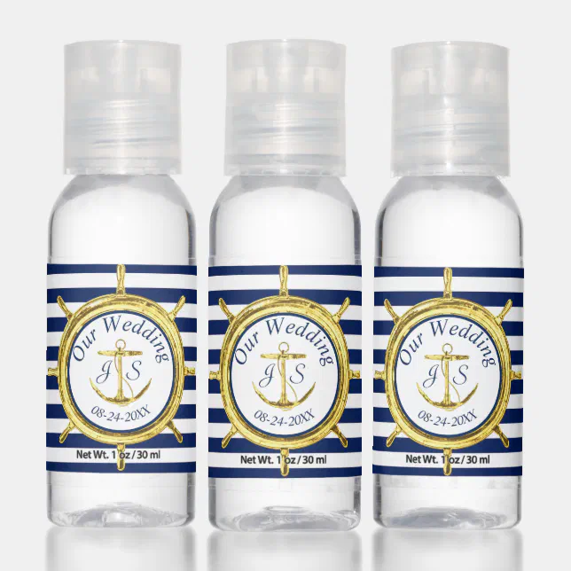 Classic Nautical Navy Blue Gold Wedding Monogram Hand Sanitizer | Zazzle