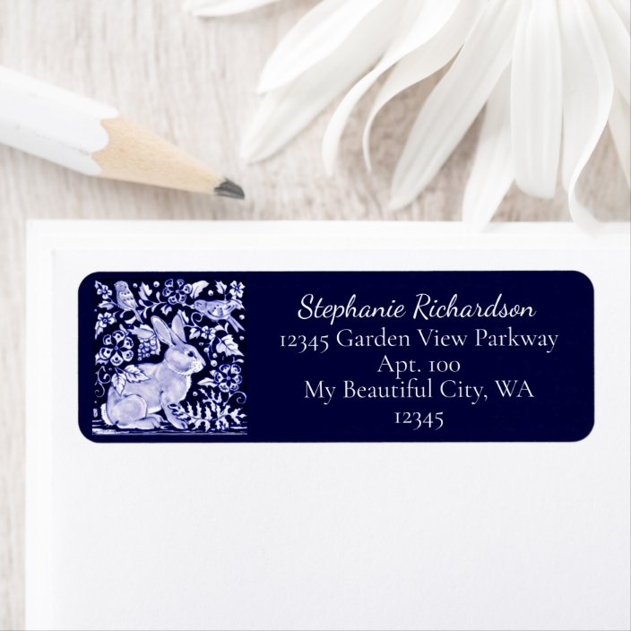 Classic Navy Blue Bunny Rabbit Birds Dedham Delft Label | Zazzle.com