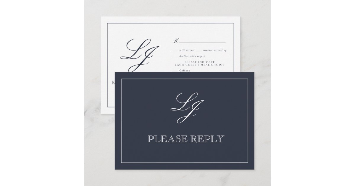 Classic Navy Blue Calligraphy Monogram Wedding RSV RSVP Card | Zazzle
