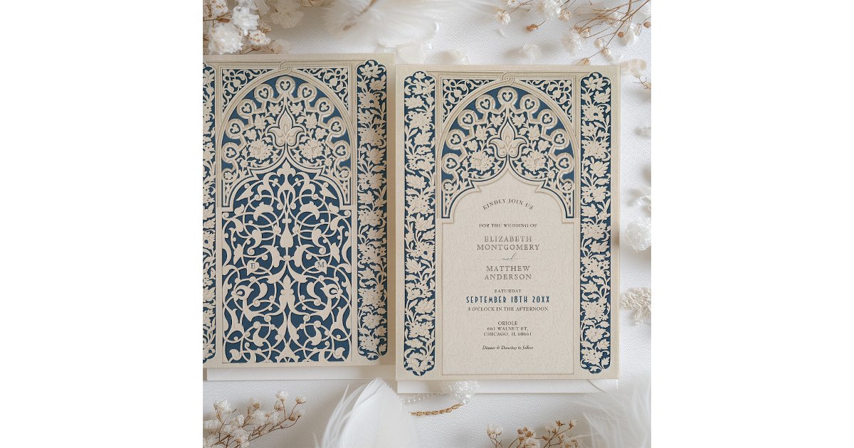 Classic Navy Blue & Cream Lace Wedding Invitation | Zazzle