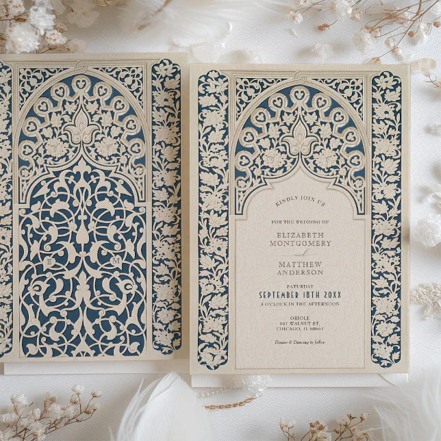 Classic Navy Blue & Cream Lace Wedding Invitation | Zazzle