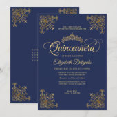 Classic Navy Blue Gold Frame Tiara Quinceanera Invitation | Zazzle