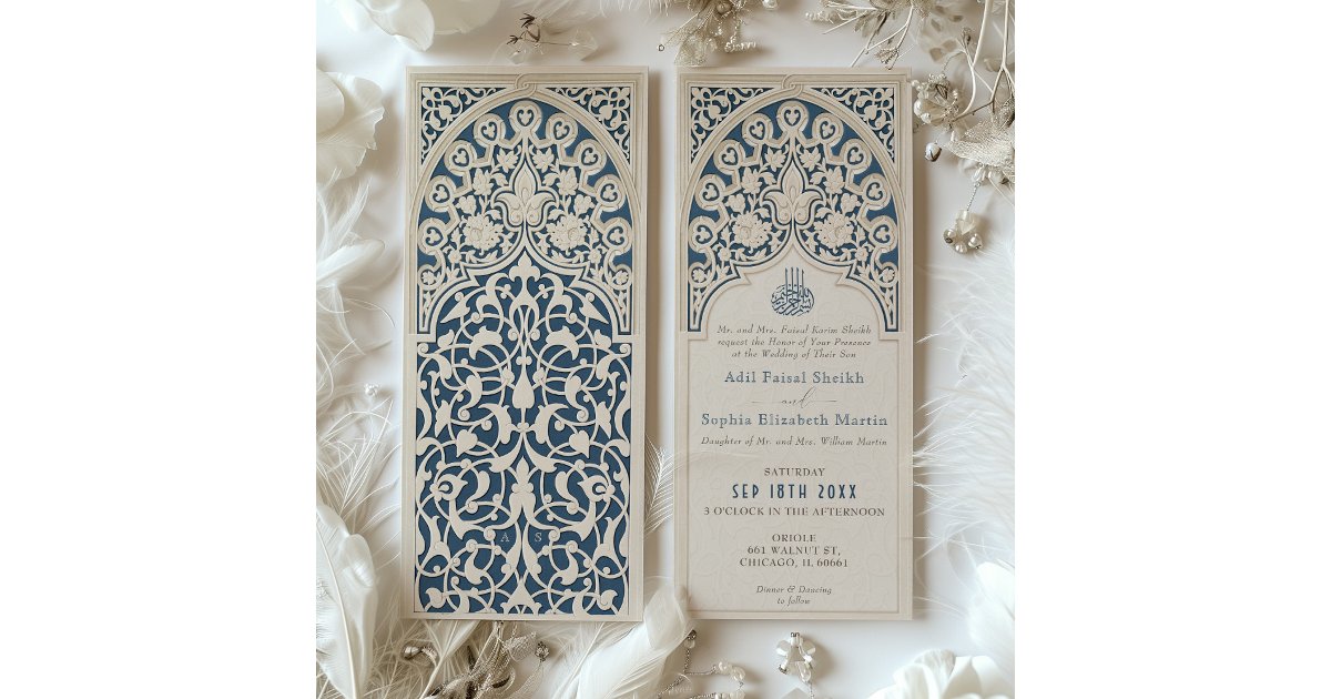 Classic Navy Blue Islamic Lace Wedding Invitation | Zazzle