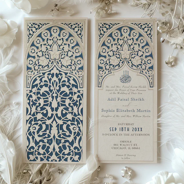 Classic Navy Blue Islamic Lace Wedding Invitation | Zazzle