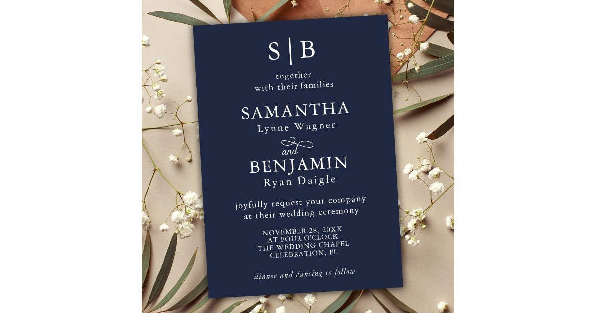 Classic Navy Blue Monogram Initials Wedding Invitation | Zazzle