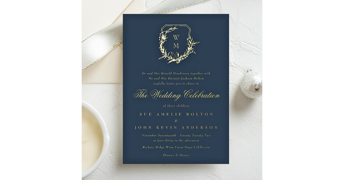 classic Navy Blue monogrammed wedding gold crest Foil Invitation | Zazzle