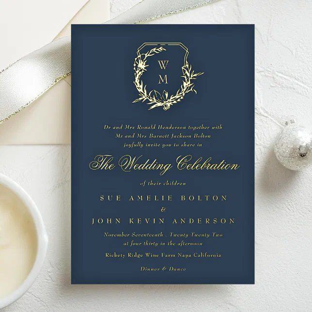 classic Navy Blue monogrammed wedding gold crest Foil Invitation | Zazzle