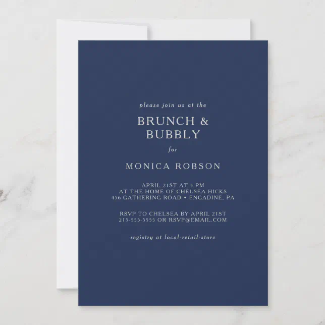 Classic Navy Blue Silver Brunch and Bubbly Shower Invitation | Zazzle