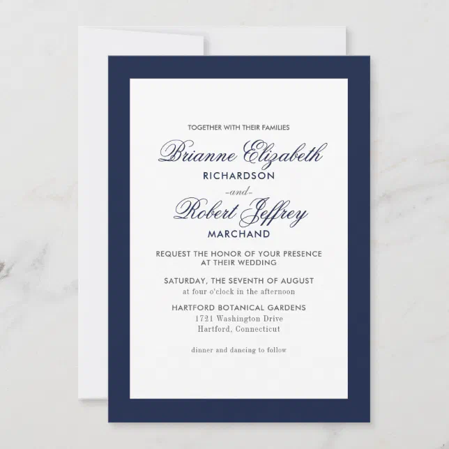 Classic Navy Border Formal Wedding Invitation | Zazzle