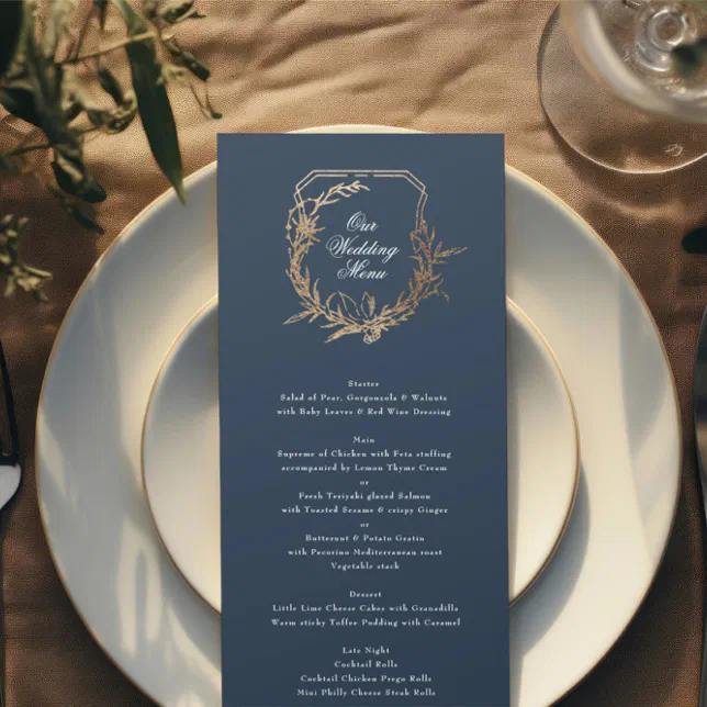 classic navy gold botanical motif crest Wedding Menu | Zazzle
