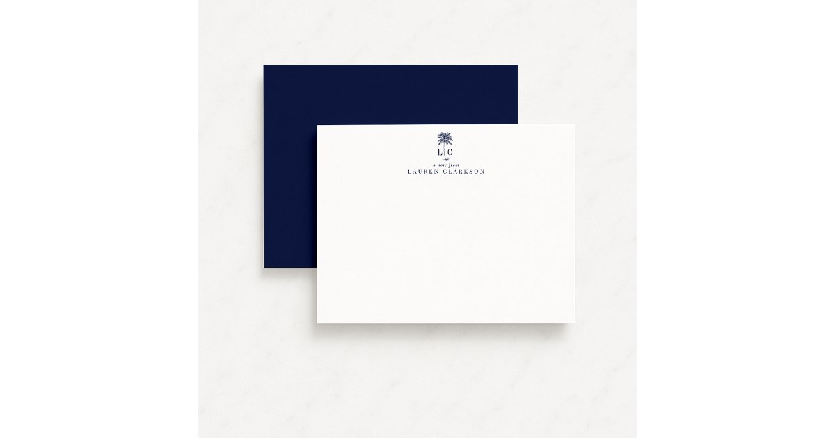 Classic Navy Palm Tree Monogram Note Card | Zazzle