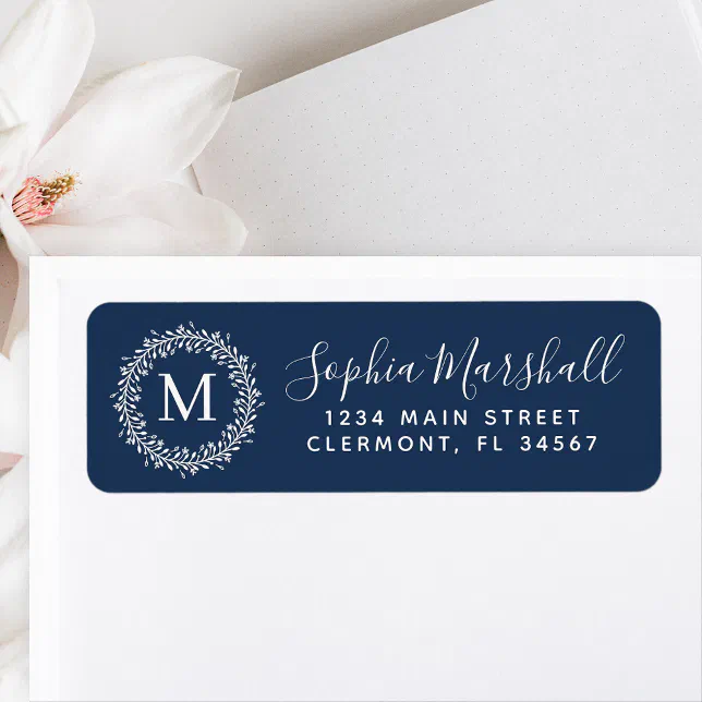 Classic Navy White Monogram Return Address Label | Zazzle