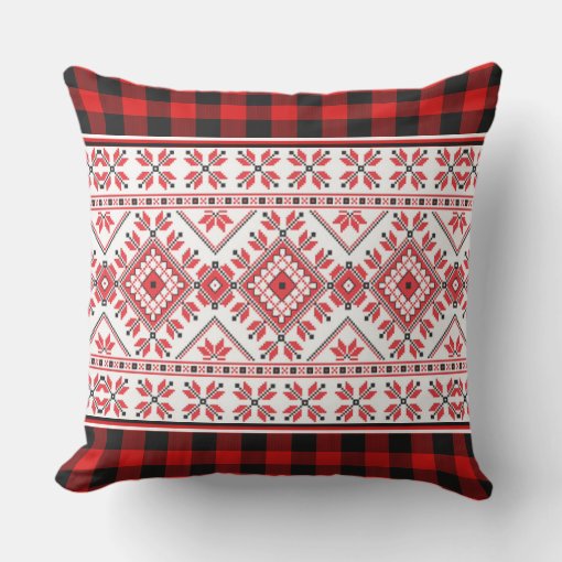 Classic Nordic Fair Isle And Red Black Lumberjack Outdoor Pillow | Zazzle
