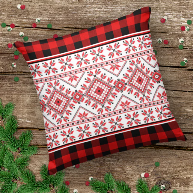 Classic Nordic Fair Isle And Red Black Lumberjack Outdoor Pillow | Zazzle