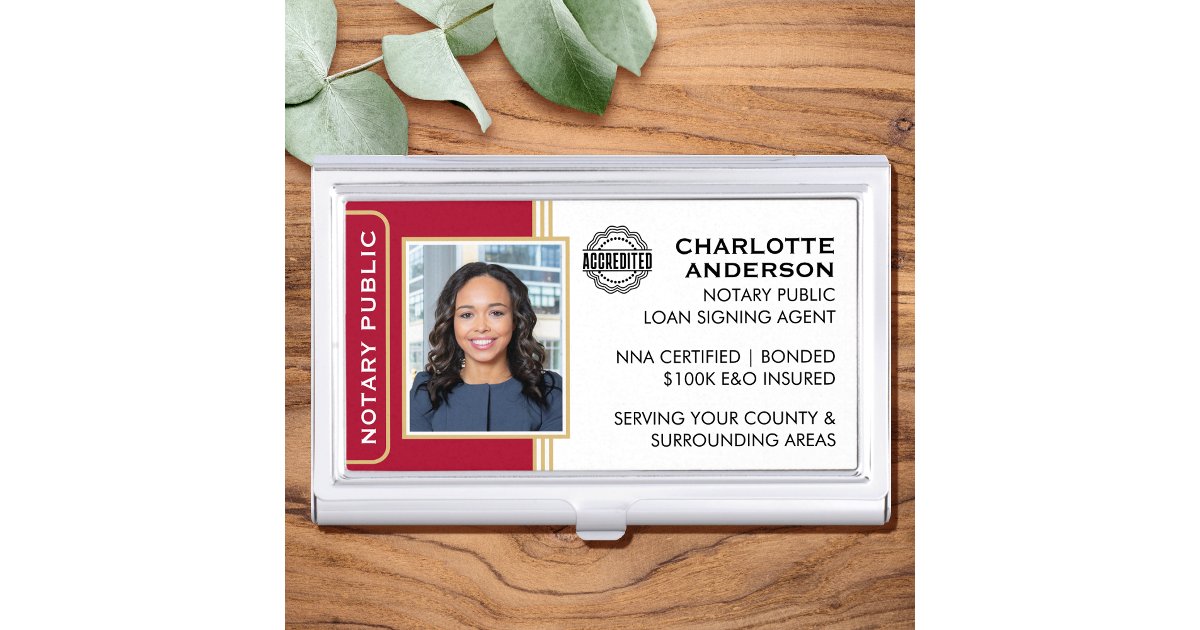 Classic Notary Public Photo Logo Red Business Card Case | Zazzle