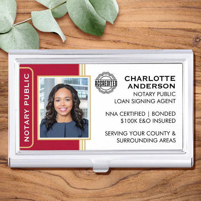 Classic Notary Public Photo Logo Red Business Card Case | Zazzle