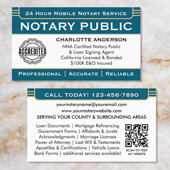 Classic Notary Signing Agent ID Logo Blue Gold Business Card | Zazzle