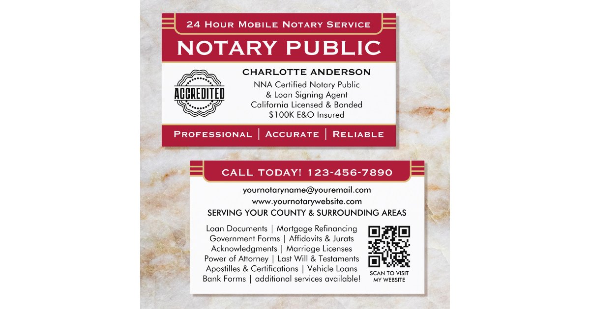 Classic Notary Signing Agent ID Logo Red Gold Business Card | Zazzle