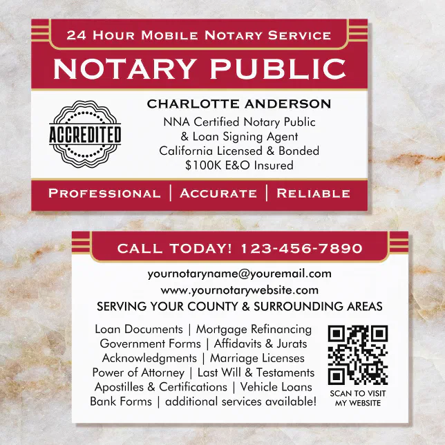Classic Notary Signing Agent ID Logo Red Gold Business Card | Zazzle