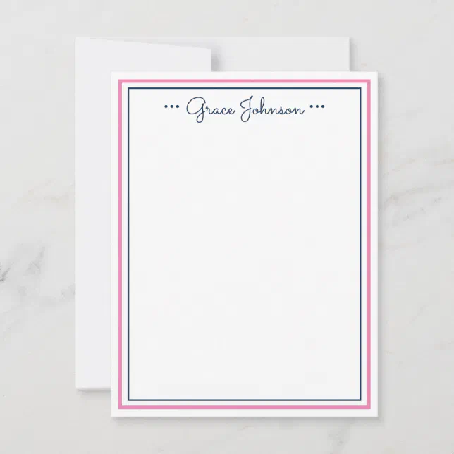 Classic Personalized Note Card | Navy & Pink | Zazzle