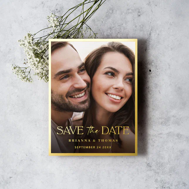 Classic Photo Save the Date Wedding Gold Foil Invitation Postcard | Zazzle