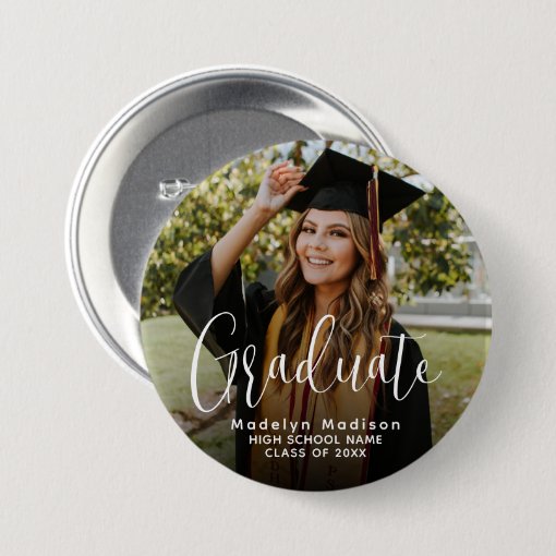 Classic Photo Simple Modern Script for Graduates Button | Zazzle
