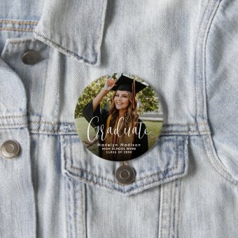 Classic Photo Simple Modern Script for Graduates Button | Zazzle