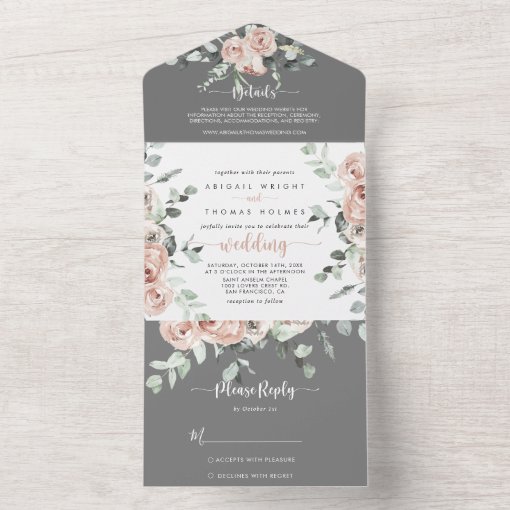 Classic Pink Rose Floral Gray Wedding All In One Invitation | Zazzle