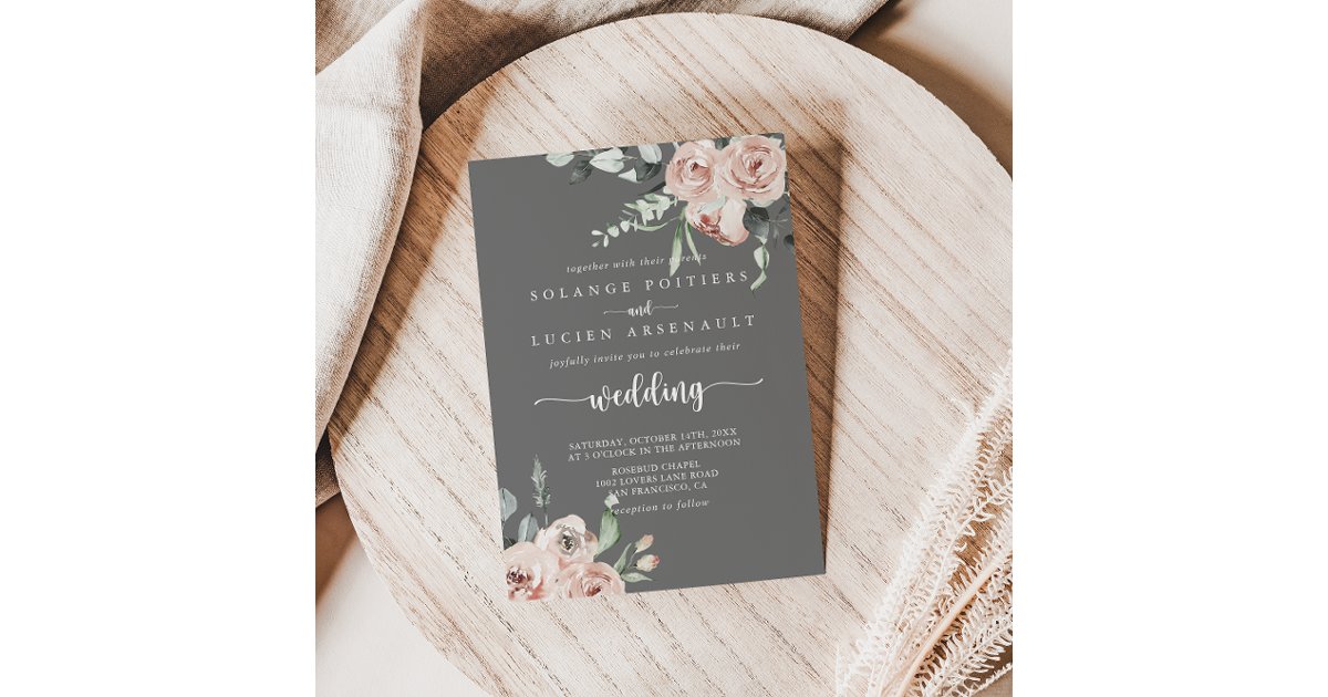 Classic Pink Rose Floral Gray Wedding Invitation | Zazzle