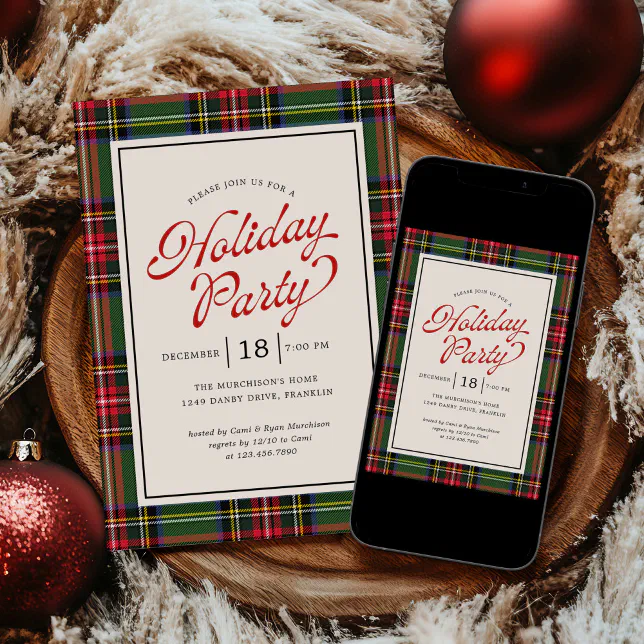 Classic Plaid Retro Script Holiday Party Invitation | Zazzle