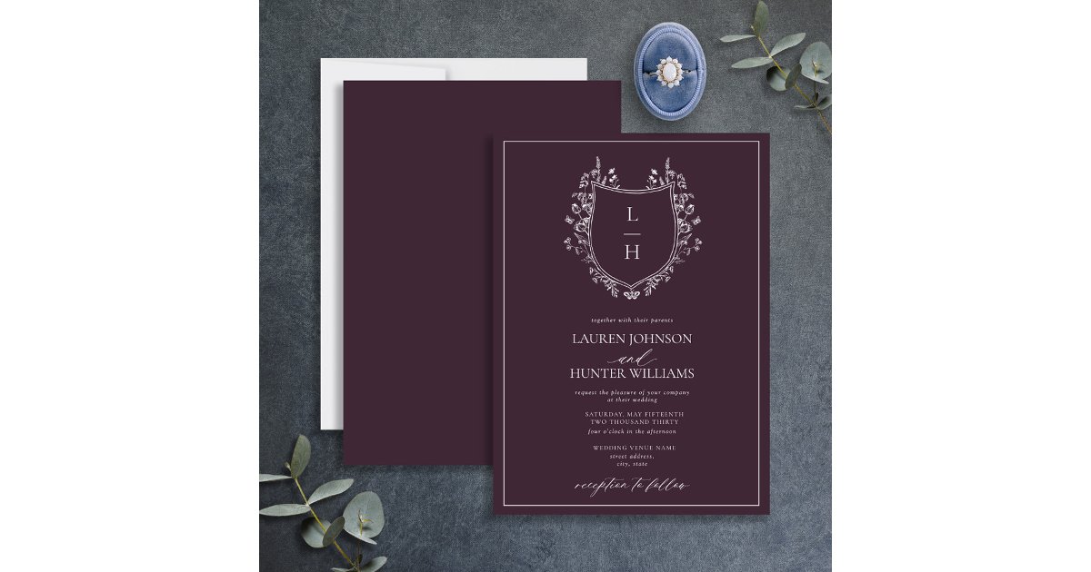 Classic Plum Wildflower Monogram Crest Wedding Invitation | Zazzle