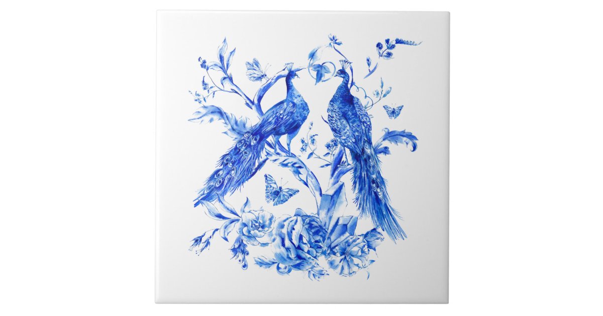 Classic Porcelain Blue Peacocks White Background Ceramic Tile | Zazzle
