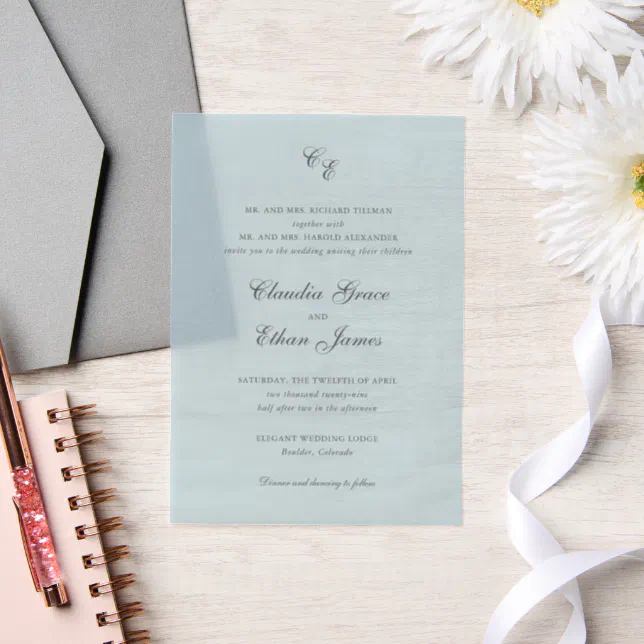 Classic Powder Blue Monogram Elegant Wedding Vellum Invitations | Zazzle