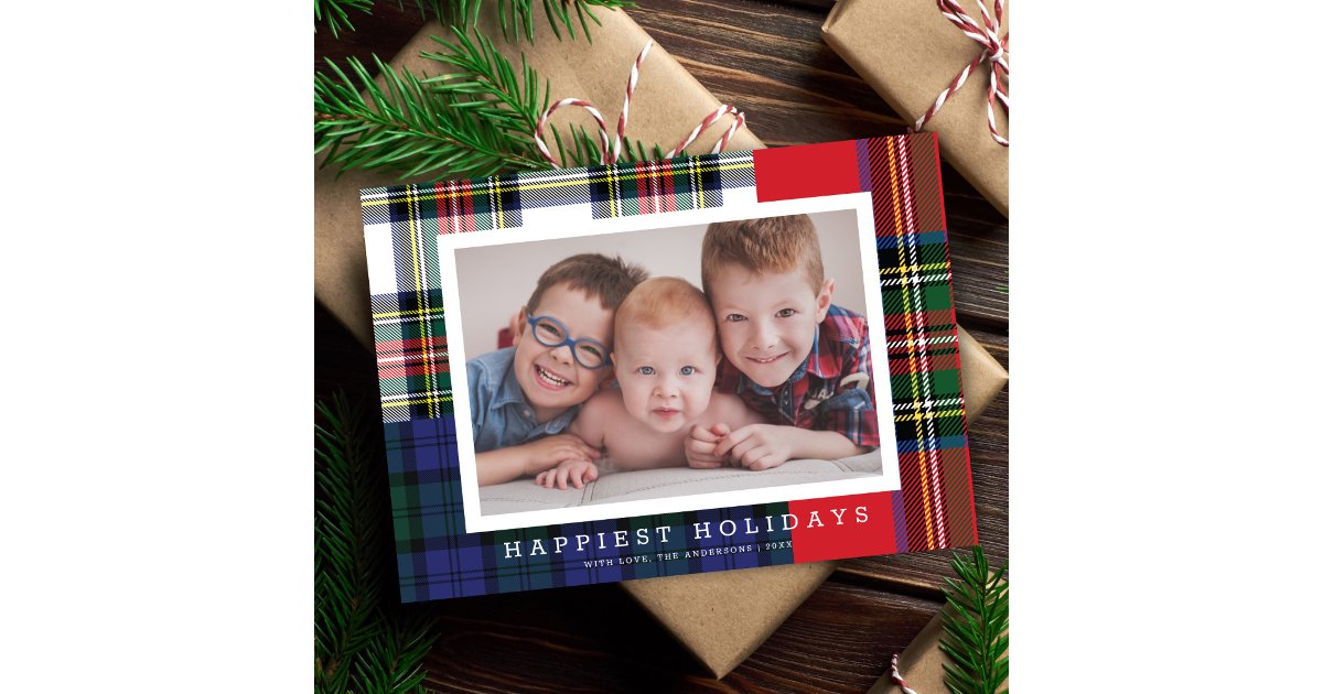 Classic Preppy Tartan Plaid Patchwork 1 Photo Holiday Card | Zazzle