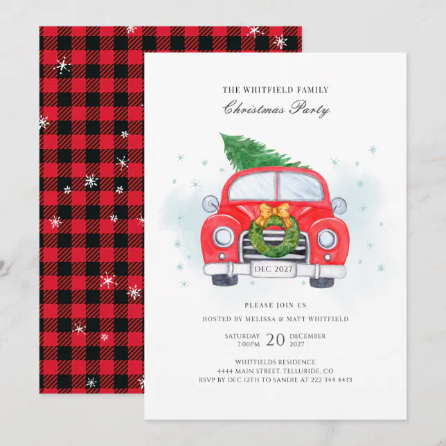 Classic Red Car Family Christmas Party Invitation | Zazzle