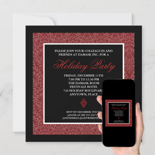 Classic Red Damask Corporate Holiday Party Invitation | Zazzle