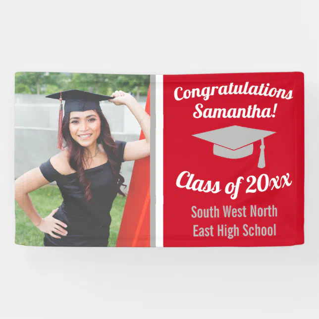 Classic Red Gray Custom Photo Graduation Banner | Zazzle