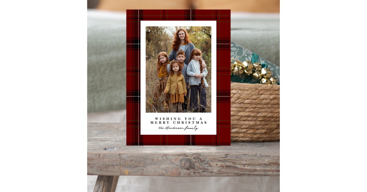 Classic Red Plaid Frame Photo Christmas Holiday Postcard | Zazzle
