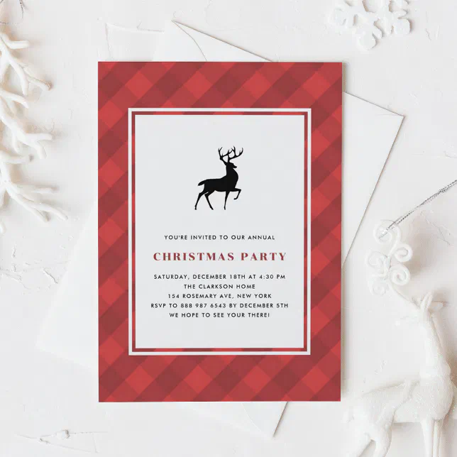 Classic Red Plaid Pattern Deer Christmas Party Invitation | Zazzle