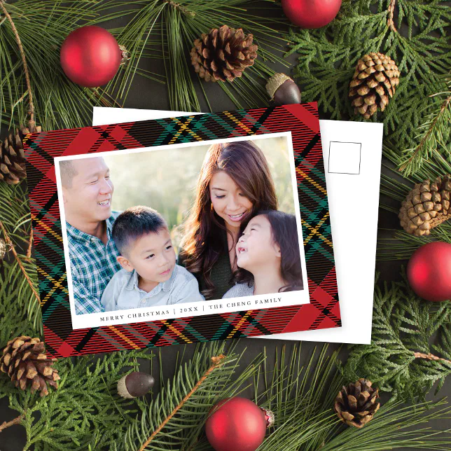 Classic Red Tartan Plaid Frame Holiday Photo Postcard | Zazzle