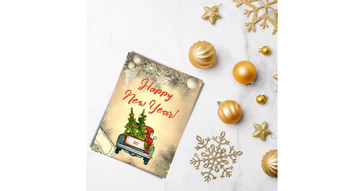 Classic Red Truck Tree Happy New Year Greetings Holiday Postcard | Zazzle