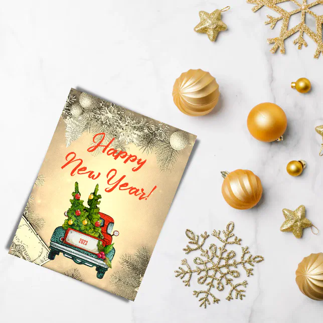 Classic Red Truck Tree Happy New Year Greetings Holiday Postcard | Zazzle