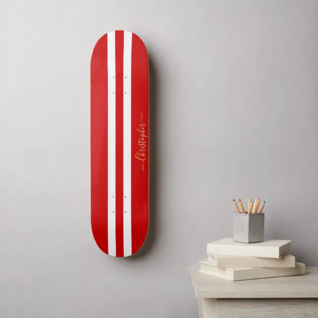 Classic Red White Gold Monogram Racing Stripes Skateboard | Zazzle