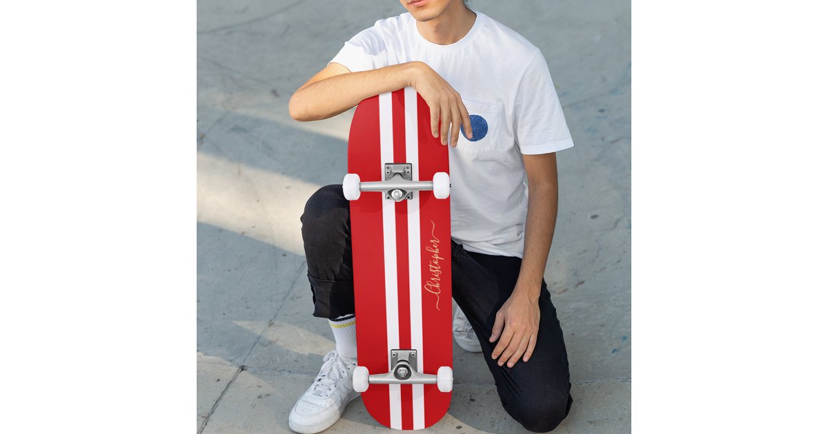 Classic Red White Gold Monogram Racing Stripes Skateboard | Zazzle