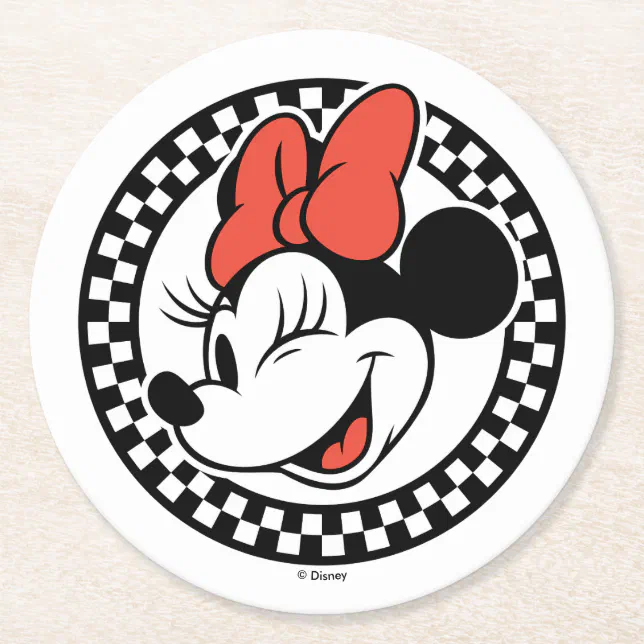 Classic Retro Minnie Mouse Checkered Round Paper Coaster | Zazzle