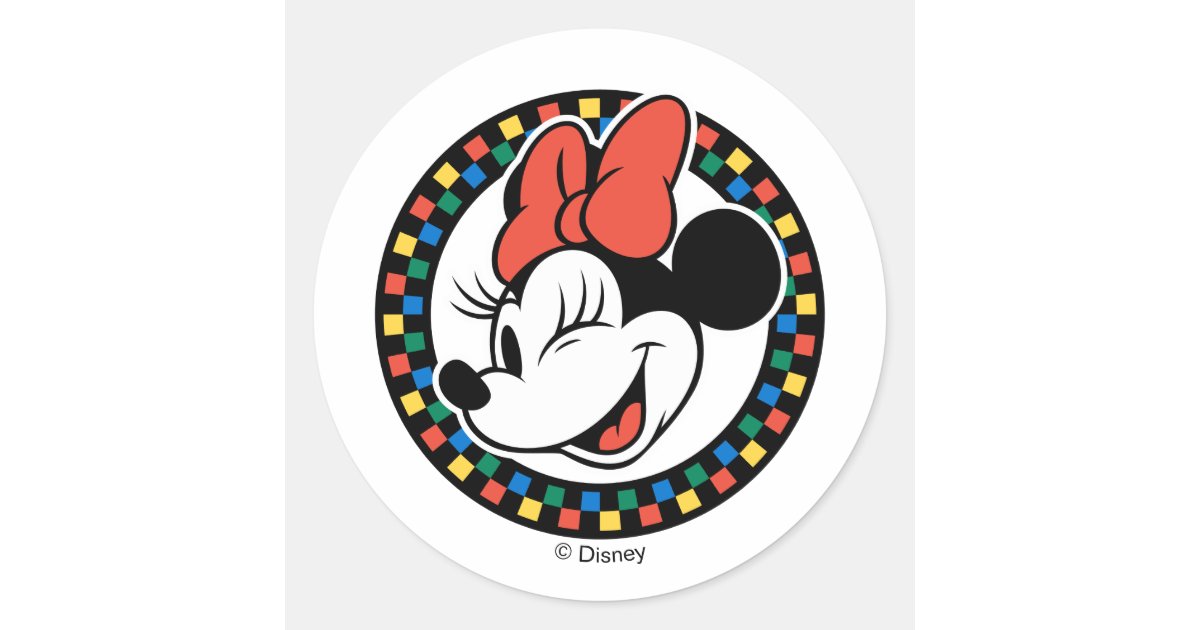 Classic Retro Minnie Mouse Colored Checkered Classic Round Sticker | Zazzle