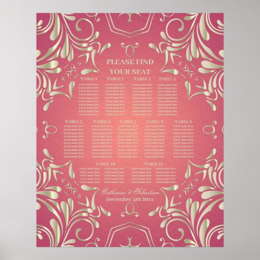 Classic Romantic Gold Pink Wedding Seating Chart | Zazzle
