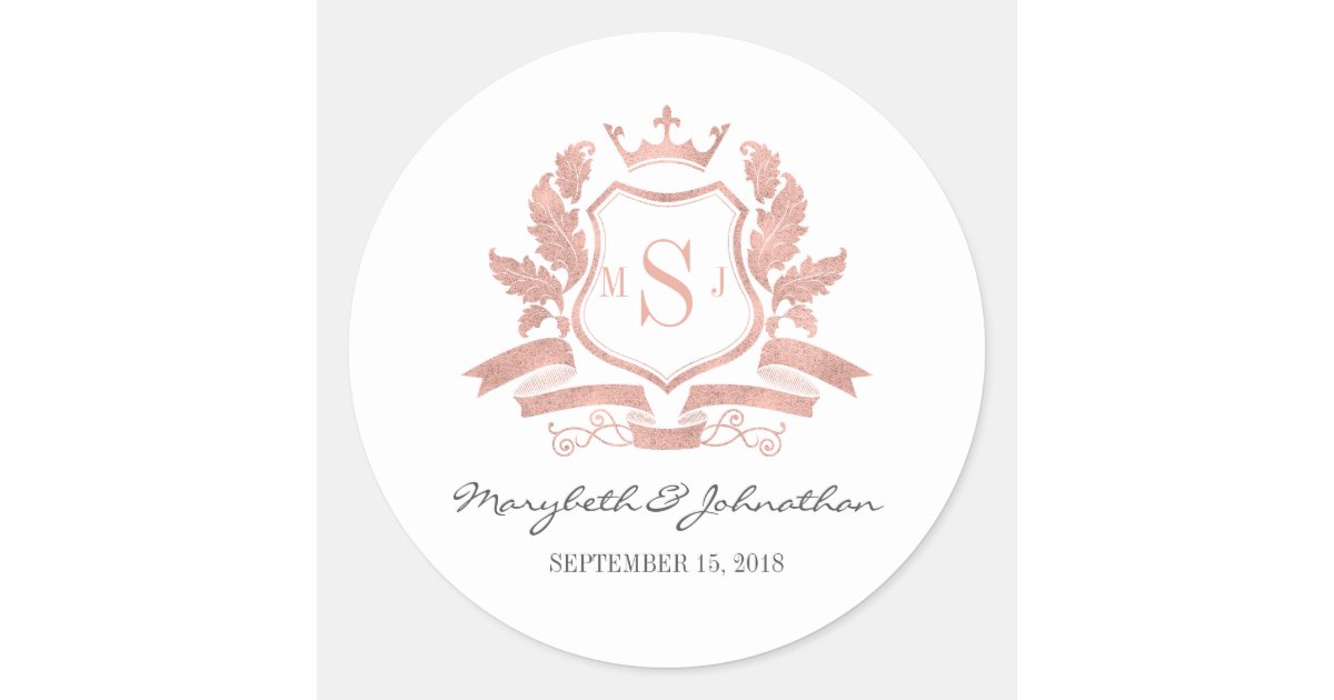 Classic Rose Gold Crest Wedding Sticker | Zazzle