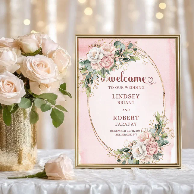 Classic Rose Gold Floral Greenery Welcome Wedding Poster | Zazzle