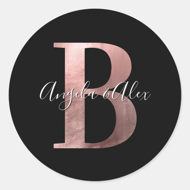 Classic Rose Gold Foil Wedding Monogram B Black Classic Round Sticker ...